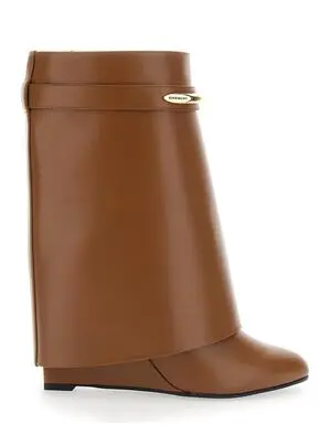 Givenchy Wedge Heel Ankle Boots With Logo Plate On The Side In Leather For - Brown