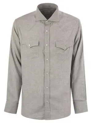BRUNELLO CUCINELLI Brunello Cucinelli Men Stretch Cotton Chevron Flannel Easy Fit Shirt With Snap Buttons, Epaulettes And Pockets