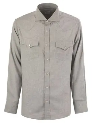 BRUNELLO CUCINELLI Brunello Cucinelli Men Stretch Cotton Chevron Flannel Easy Fit Shirt With Snap Buttons, Epaulettes And Pockets