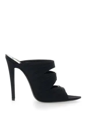 Saint Laurent Emilie' Black Heeled Sandals With Cassandre Plate On The Front In Leather - Multicolor