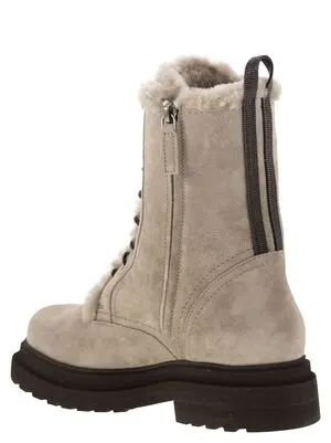 Brunello Cucinelli Suede Boot With Shearling Lining And Shiny Loop Detail