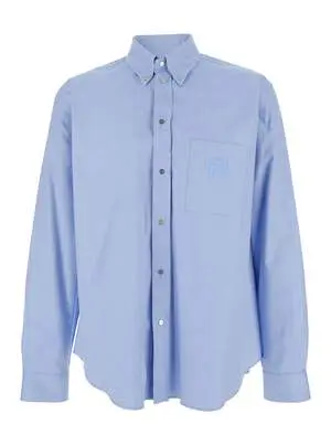 Fendi Light Button-down Collar Shirt With Ff Embroidery On Front In Cotton For - Blue