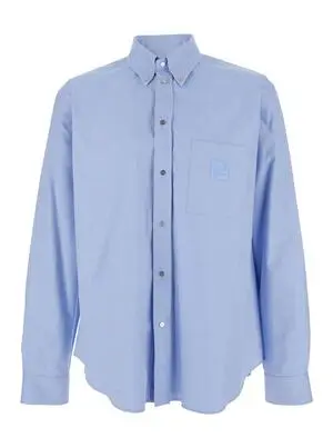 Fendi Light Button-down Collar Shirt With Ff Embroidery On Front In Cotton For - Blue