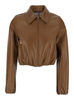 Gucci Brown Leather Crop Jacket With Classic Collar And Tone-on-tone Lettering Logo On The Front For - Multicolor
