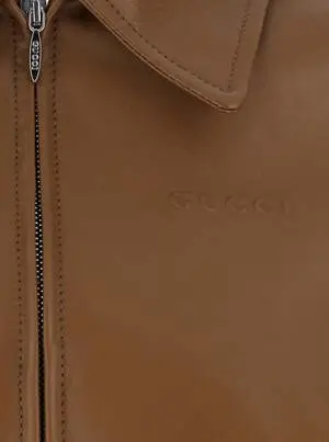 Gucci Leather Crop Jacket With Classic Collar - Multicolor