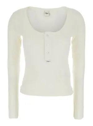 Chloé White Long Sleeve T-shirt With Logo Patch On The Front In Ribbed Knit Cotton For - Multicolor