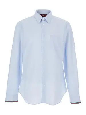 Gucci Light Blue Shirt With Classic Collar And Web Cuffs For