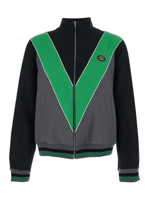 Valentino Garavani High Neck Sweatshirt With V Inlay On The Front In Tech Fabric Black And Green - Multicolor