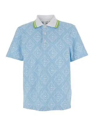 Casablanca Light Blue Polo Shirt With Classic Bicolor Collar And All-over Embroidery In Cotton Blend - Multicolor