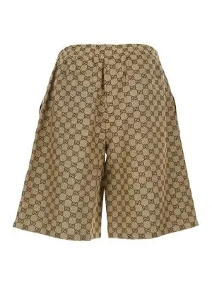Gucci Beige Bermuda Shorts With Elastic Waist And All-over Gg Motif In Linen Blend - Multicolor