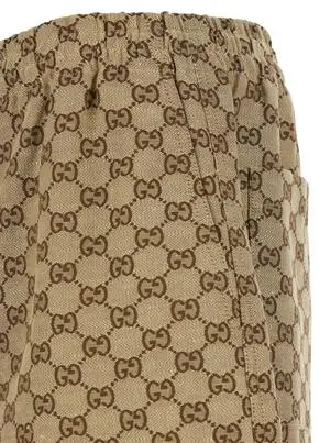 Gucci Beige Bermuda Shorts With Elastic Waist And All-over Gg Motif In Linen Blend - Multicolor