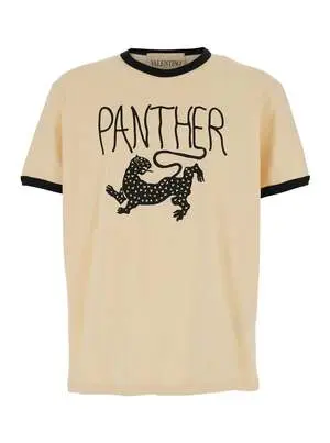 Valentino Garavani Crew Neck T-shirt With Front Print In Beige Cotton For - Multicolor