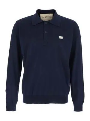 Valentino Garavani Blue Polo Style Sweater With Vlogo Plaque On The Front In Wool For - Multicolor