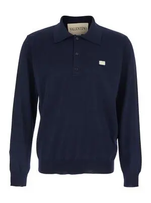 Valentino Garavani Blue Polo Style Sweater With Vlogo Plaque On The Front In Wool For - Multicolor