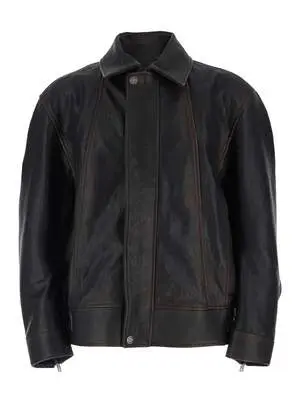 GOLDEN GOOSE Brown Jacket With Classic Collar And Aged Effect In Leather - Multicolor