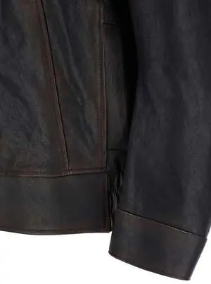 GOLDEN GOOSE Brown Jacket With Classic Collar And Aged Effect In Leather