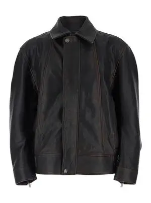 GOLDEN GOOSE Brown Jacket With Classic Collar And Aged Effect In Leather - Multicolor