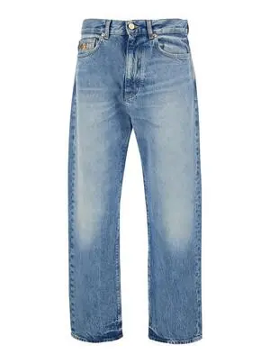 Versace Light Blue Jeans With Logo Patch On The Back And Faded Effect In Denim For - Multicolor
