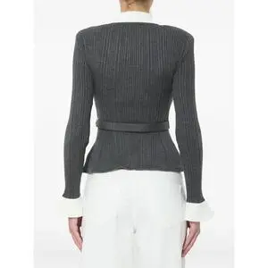 SELF-PORTRAIT Ribbed Knit Cardigan With Contrast Lapels - Gray