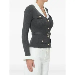 SELF-PORTRAIT Ribbed Knit Cardigan With Contrast Lapels - Gray