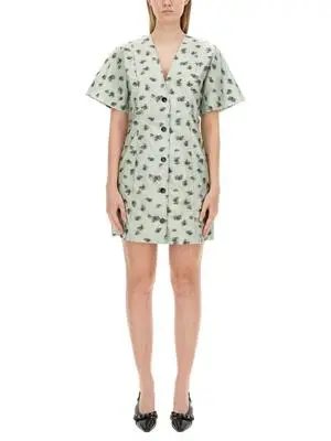GANNI Floral Print Short Sleeve Mini Dress - Green