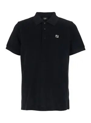 Fendi Cotton Piquet Polo With Metallic Ff Logo On Front For - Black