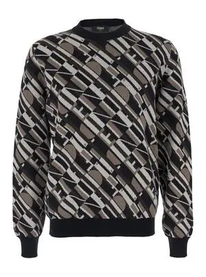 Fendi Geometric Motif Wool Crewneck Sweater - Brown