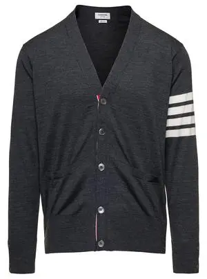 Thom Browne Grey Cardigan With V-neck And Stripe Detail In Wool For - Gray