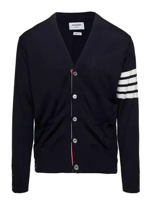 Thom Browne Blue Cardigan With V-neck And Stripe Detail In Wool For - Multicolor