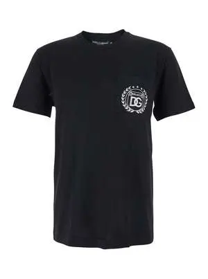 Dolce & Gabbana Crewneck T-shirt With Logo Embroidery On The Front In Cotton - Black