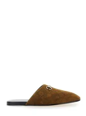Gucci Mule With Horsebit On The Front And All-over Gg Motif In Suede - Brown
