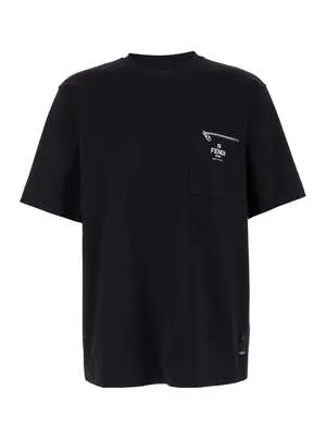 Fendi Crew Neck T-shirt With Logo Print On The Front In Cotton For - Black