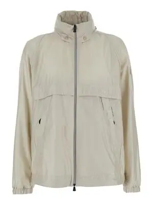 Moncler Negara' Beige Jacket With Logo Print On The Front And Removable Hood In Tech Fabric - Multicolor