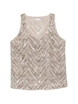 Brunello Cucinelli Sequin Embellished Chevron Scoop Neck Sleeveless Top - Multicolor