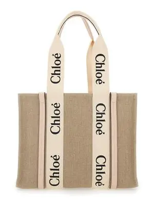 Chloé Handbag 'medium Woody' With Logo In Linen Canvas Beige - Cream