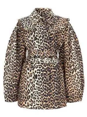 GANNI Short Trench Coat With Leopard Print - Multicolor