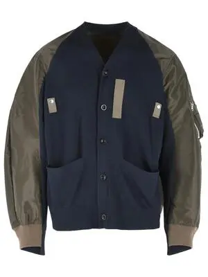 Sacai Cardigan In Navy Cotton And Khaki Blend - Blue