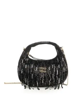 Miu Miu Wander Mini Satin Bag With Crystal And Sequin Fringes - Black