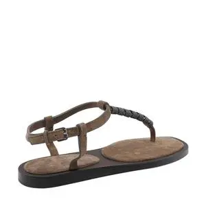 Brunello Cucinelli Leather Rhinestone Slide Sandals - Brown