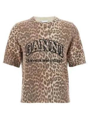 GANNI Leopard Wool Mix T-shirt - Brown