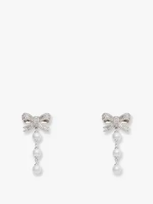 SELF-PORTRAIT Crystal Bow Pearl Droplet Earrings - Silver