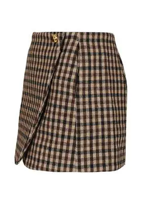 GANNI Checked Wool Mini Skirt - Brown
