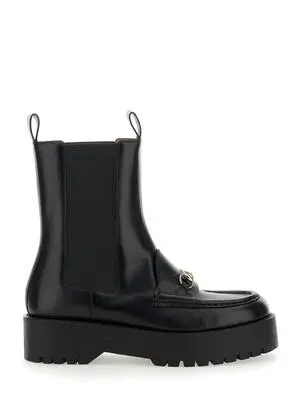 Gucci Black Ankle Boots With Horsebit And Lug Sole In Leather - Multicolor