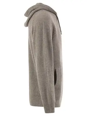 Brunello Cucinelli English Rib Cashmere Knit Hooded Topwear - Gray