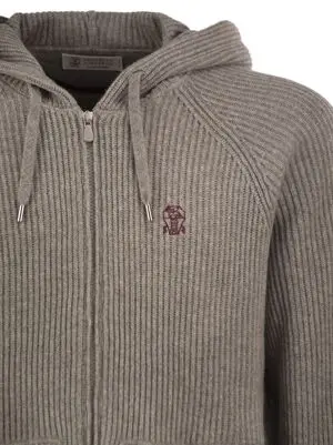 Brunello Cucinelli English Rib Cashmere Knit Hooded Topwear - Gray