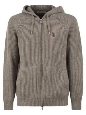 Brunello Cucinelli English Rib Cashmere Knit Hooded Topwear - Gray