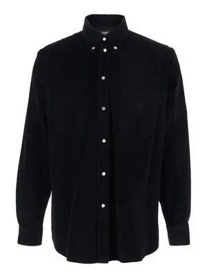 Fendi Shirt With Button-down Collar And Ff Embroidery On Front In Ribbed Cotton For - Black
