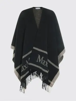Max Mara Short Wool Cape With Jacquard Logo And Fringed Hem