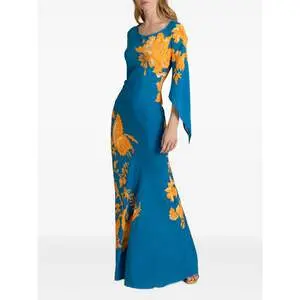 Etro Stamped Floral Drape-sleeve Maxi Dress - Blue