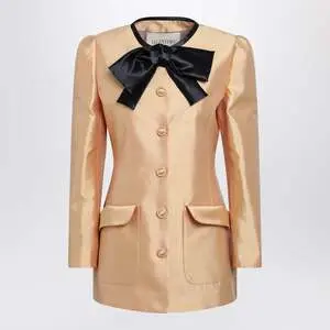 Valentino Garavani Pea Coat In Shantung In Melon/black - Orange